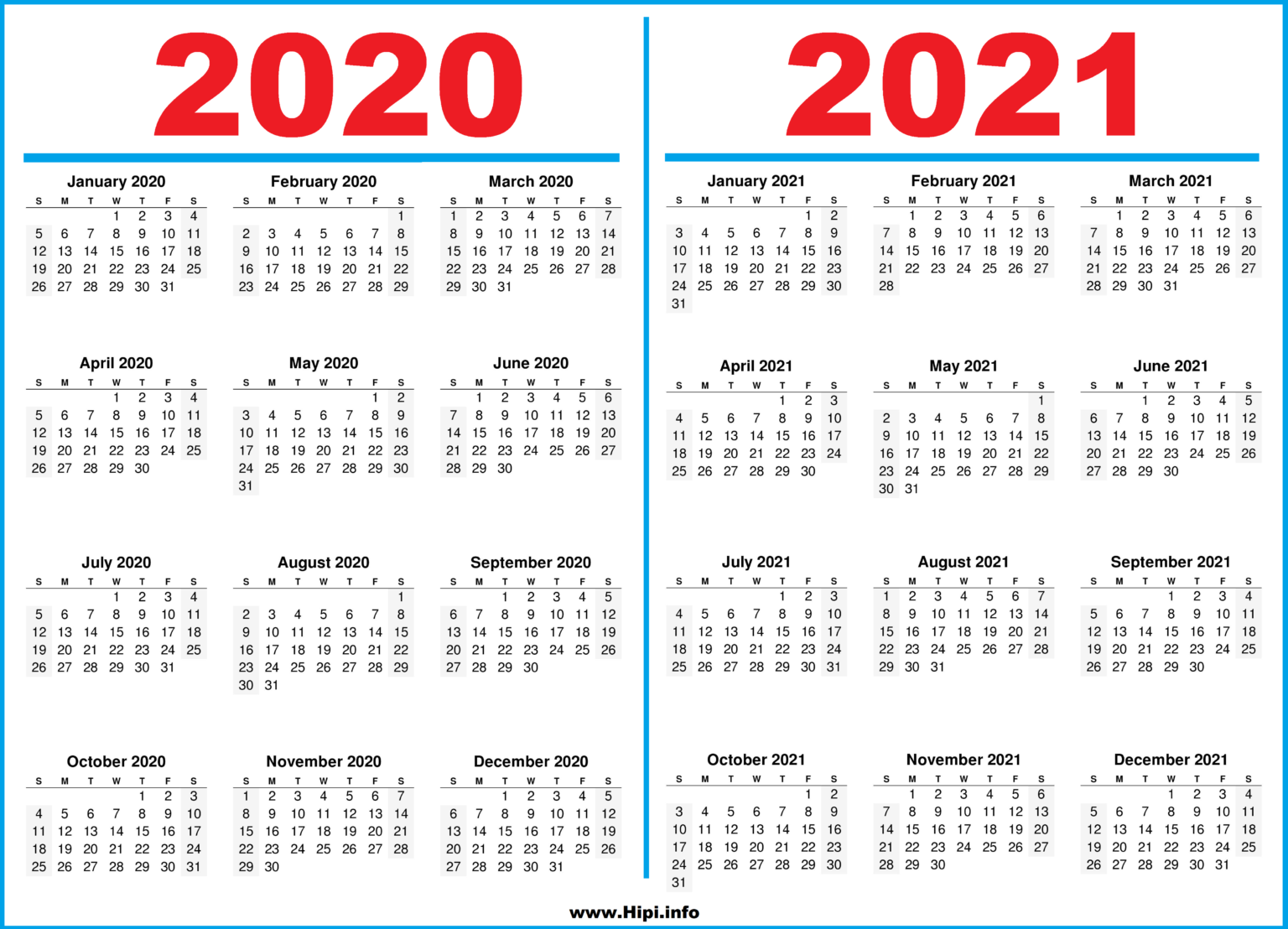 Printable 2 Year Calendar 2020 and 2021 - Hipi.info Printable 2 Year Calendar 2020 and 2021 - Hipi.info
