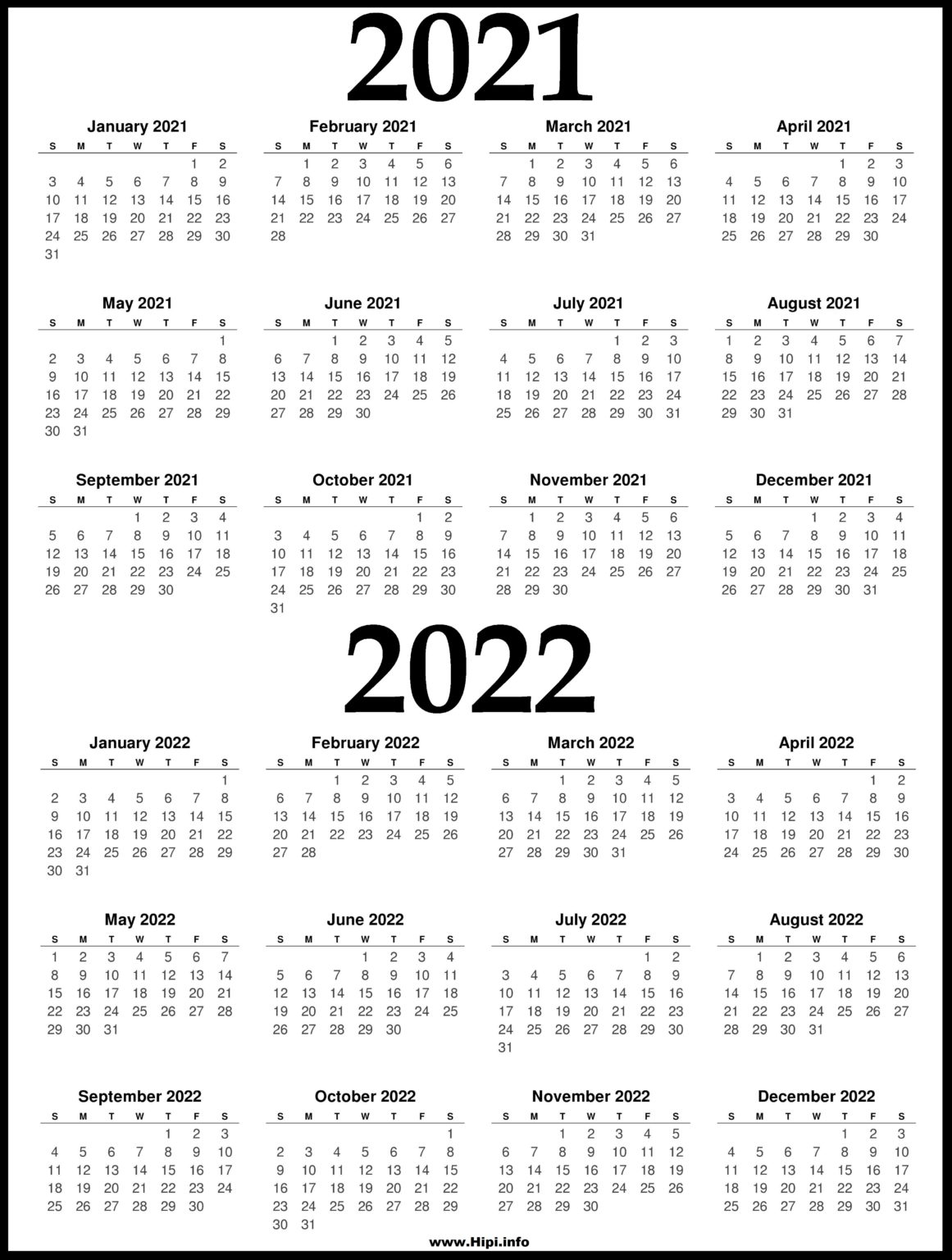 2021 and 2022 Printable Calendar - 2 Year Calendar - Hipi.info