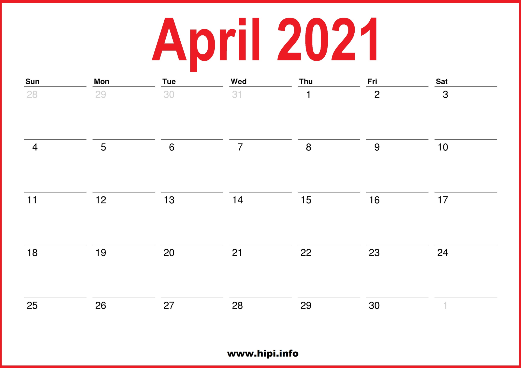 2021 April Calendar Printable – Monthly Calendar - Hipi.info