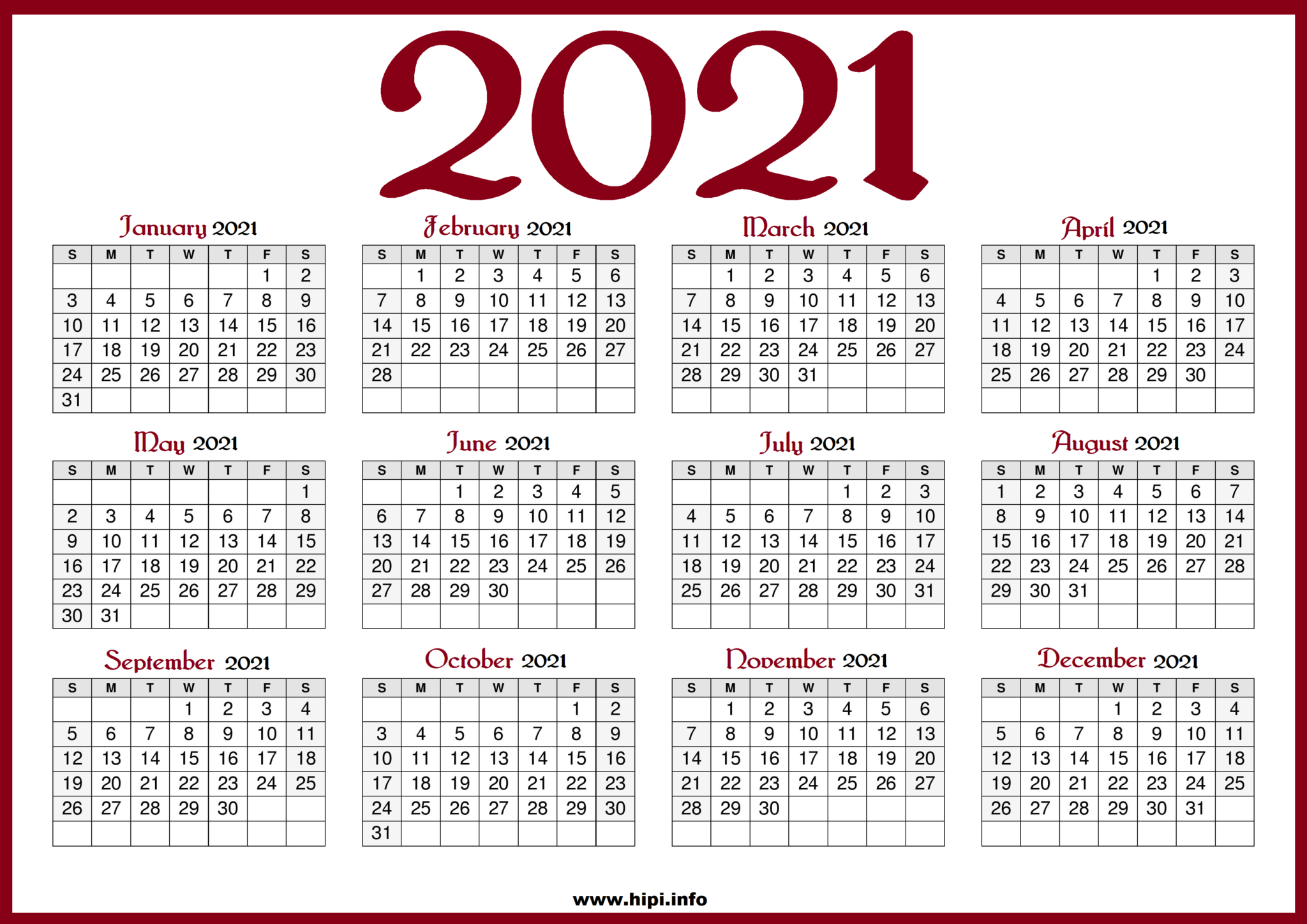 Printable 2021 Calendar with US Holidays - Red color - Hipi.info