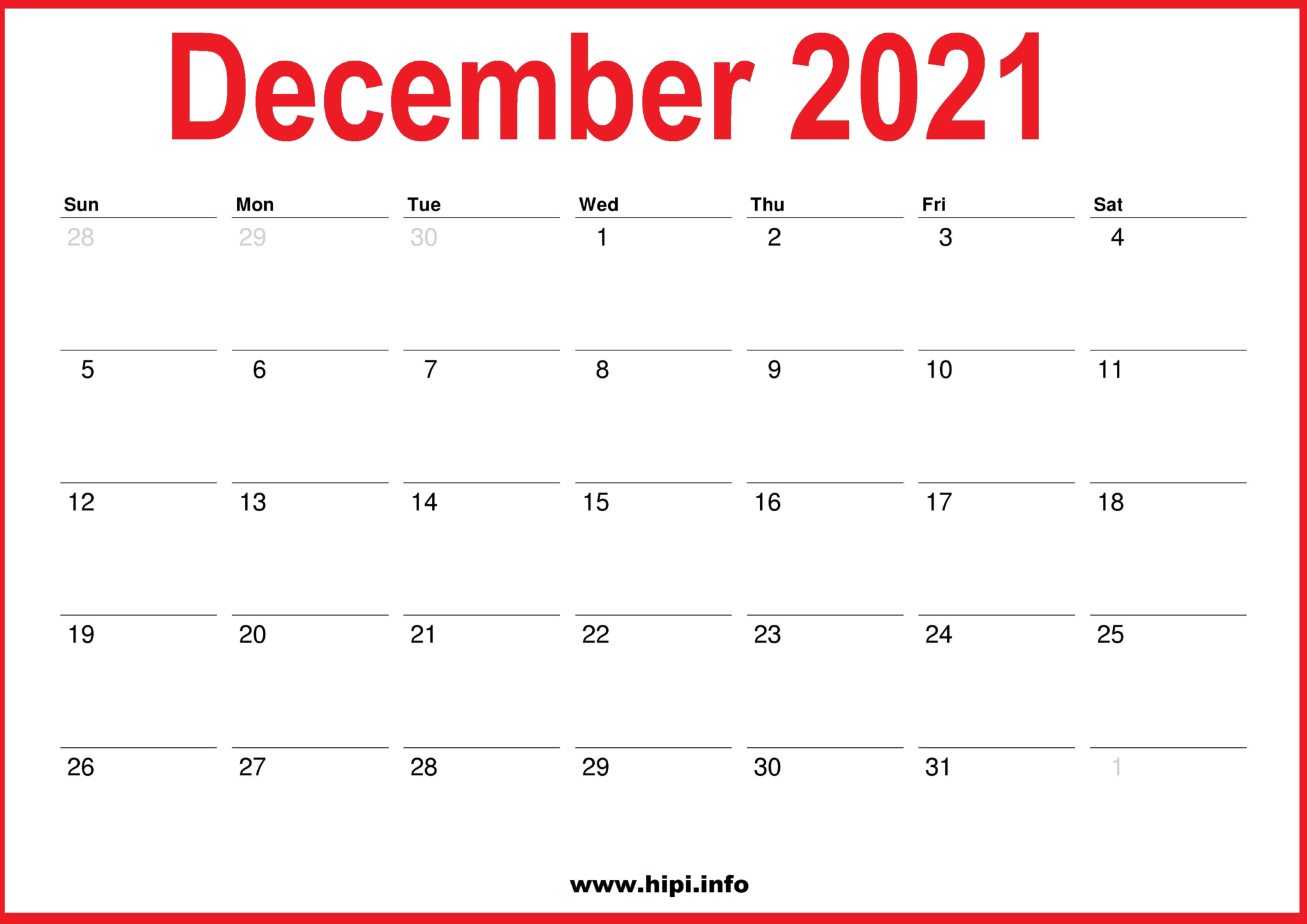 2021 December Calendar Printable – Monthly Calendar - Hipi.info