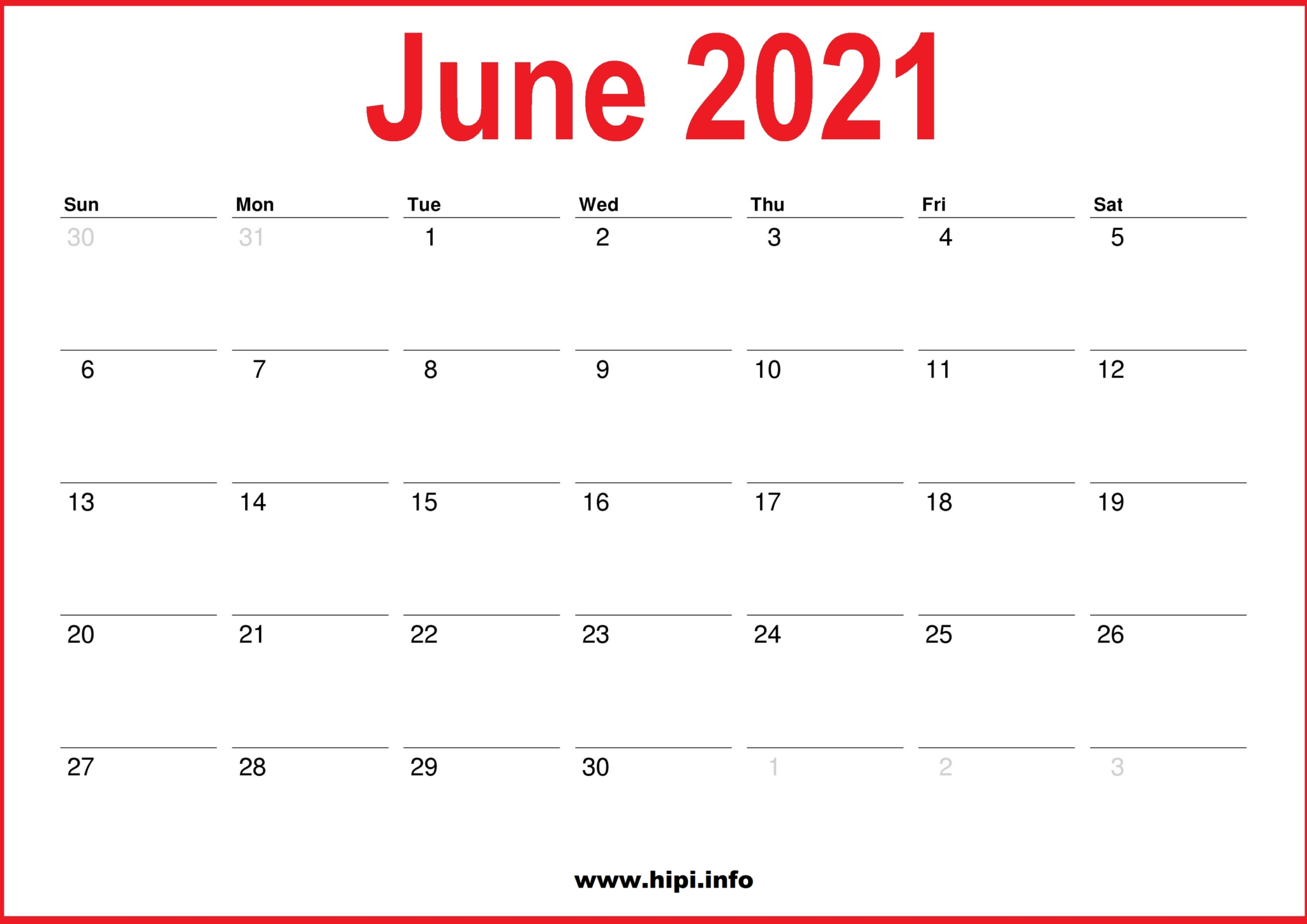 2021 June Calendar Printable – Monthly Calendar - Hipi.info