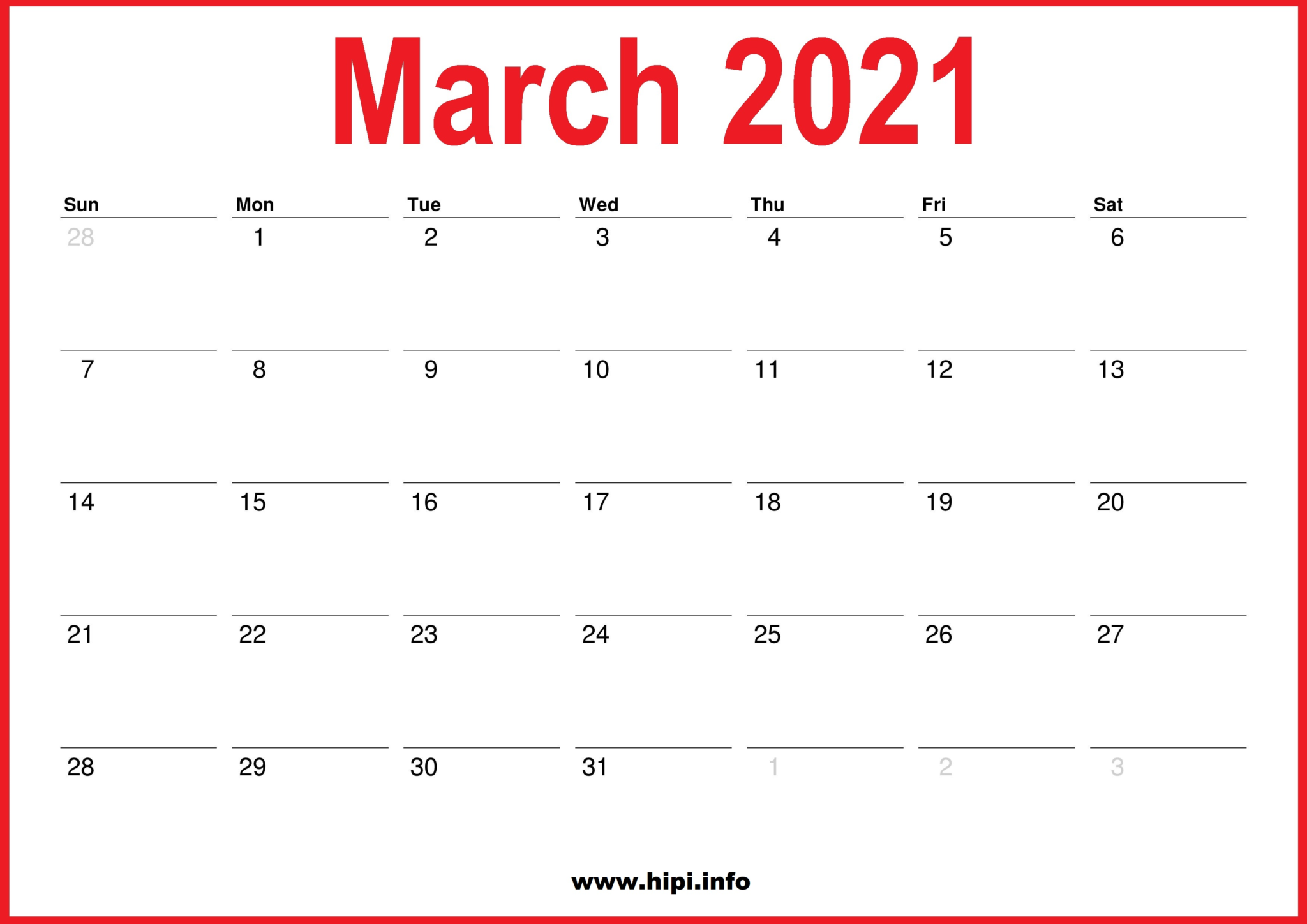 2021 March Calendar Printable – Monthly Calendar - Hipi.info