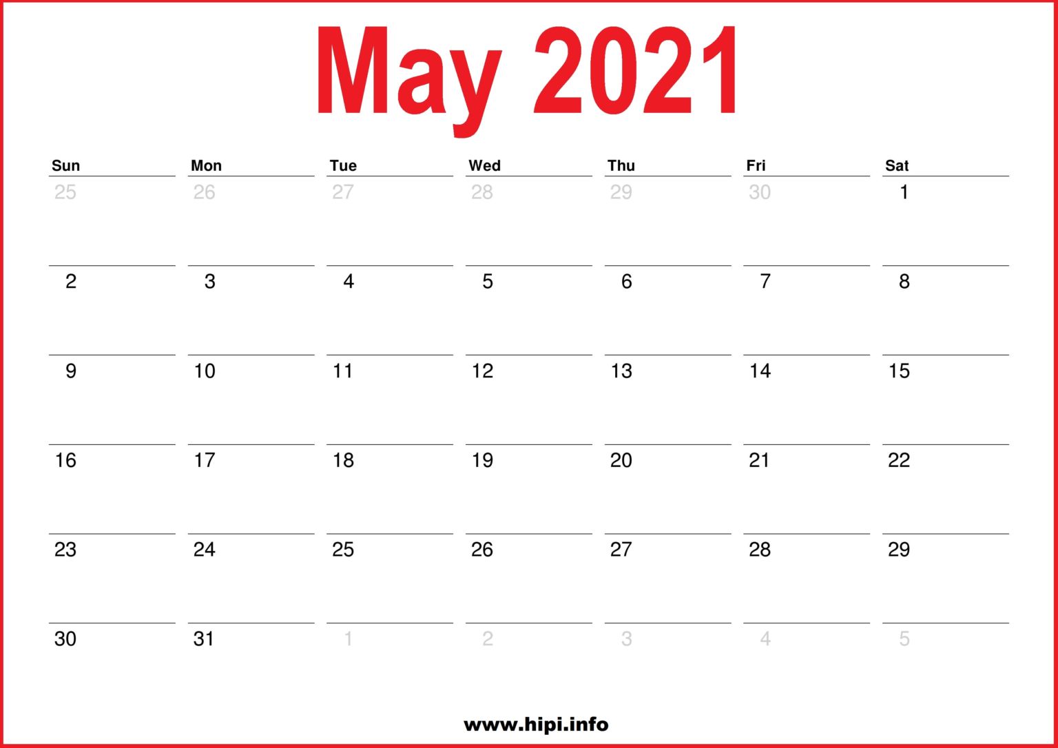 2021 May Calendar Printable – Monthly Calendar - Hipi.info