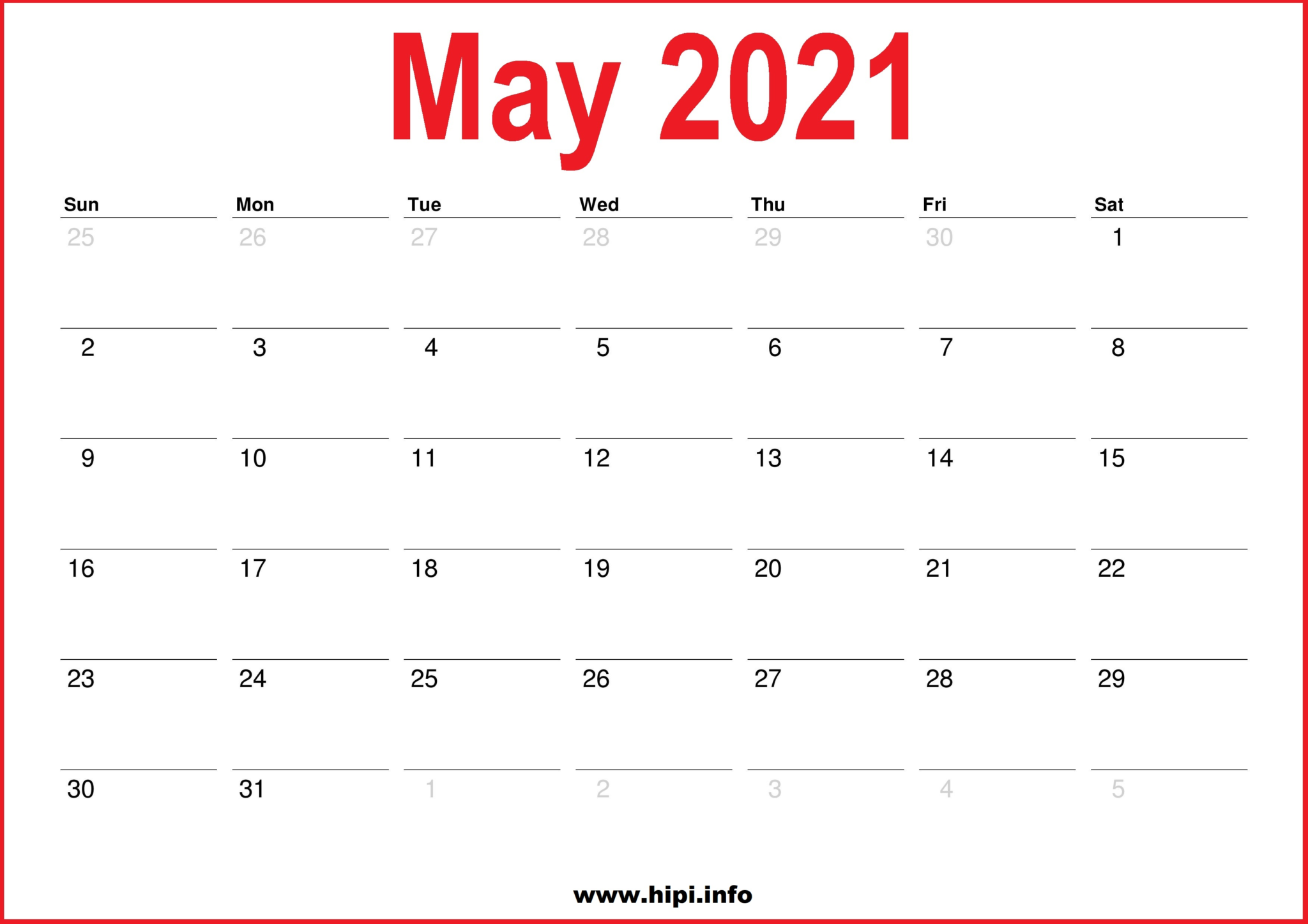2021 May Calendar Printable – Monthly Calendar - Hipi.info