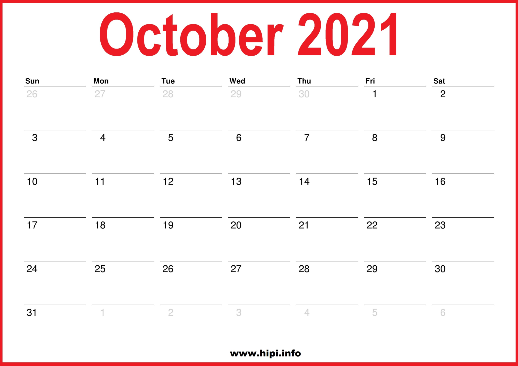 2021 October Calendar Printable – Monthly Calendar - Hipi.info
