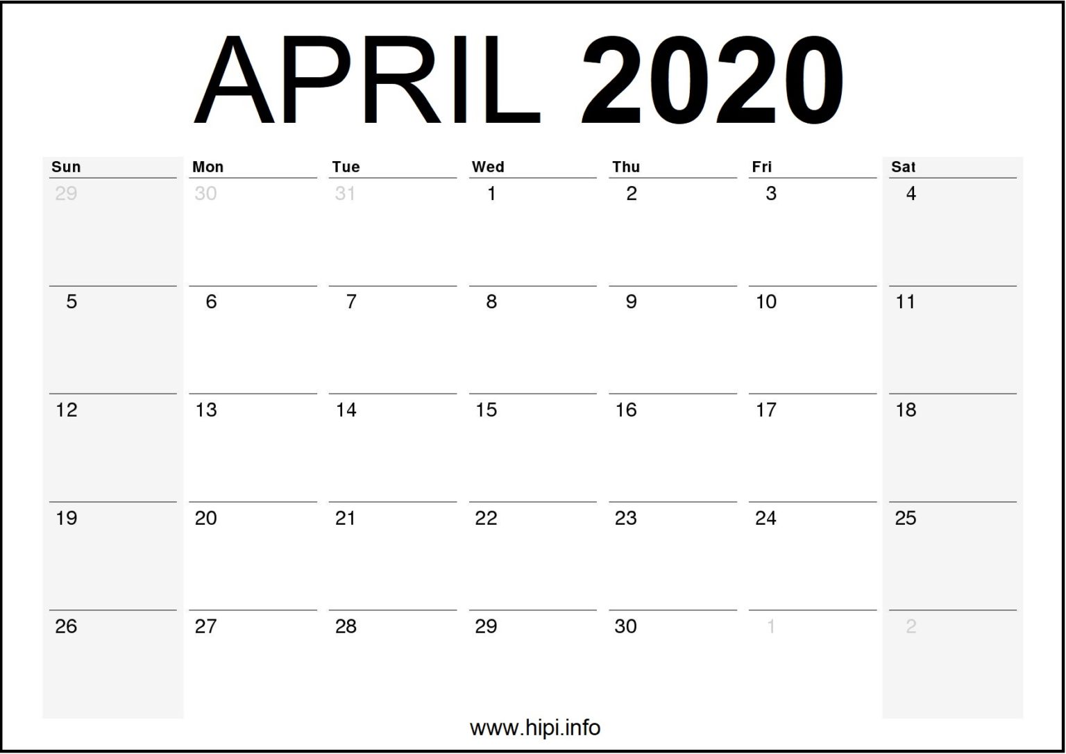 April 2020 Calendar Printable Monthly - Free Download - Hipi.info
