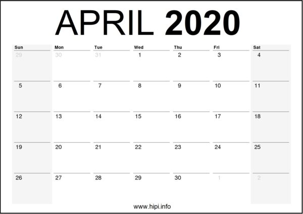 April 2020 Calendar Printable Monthly - Free Download - Hipi.info