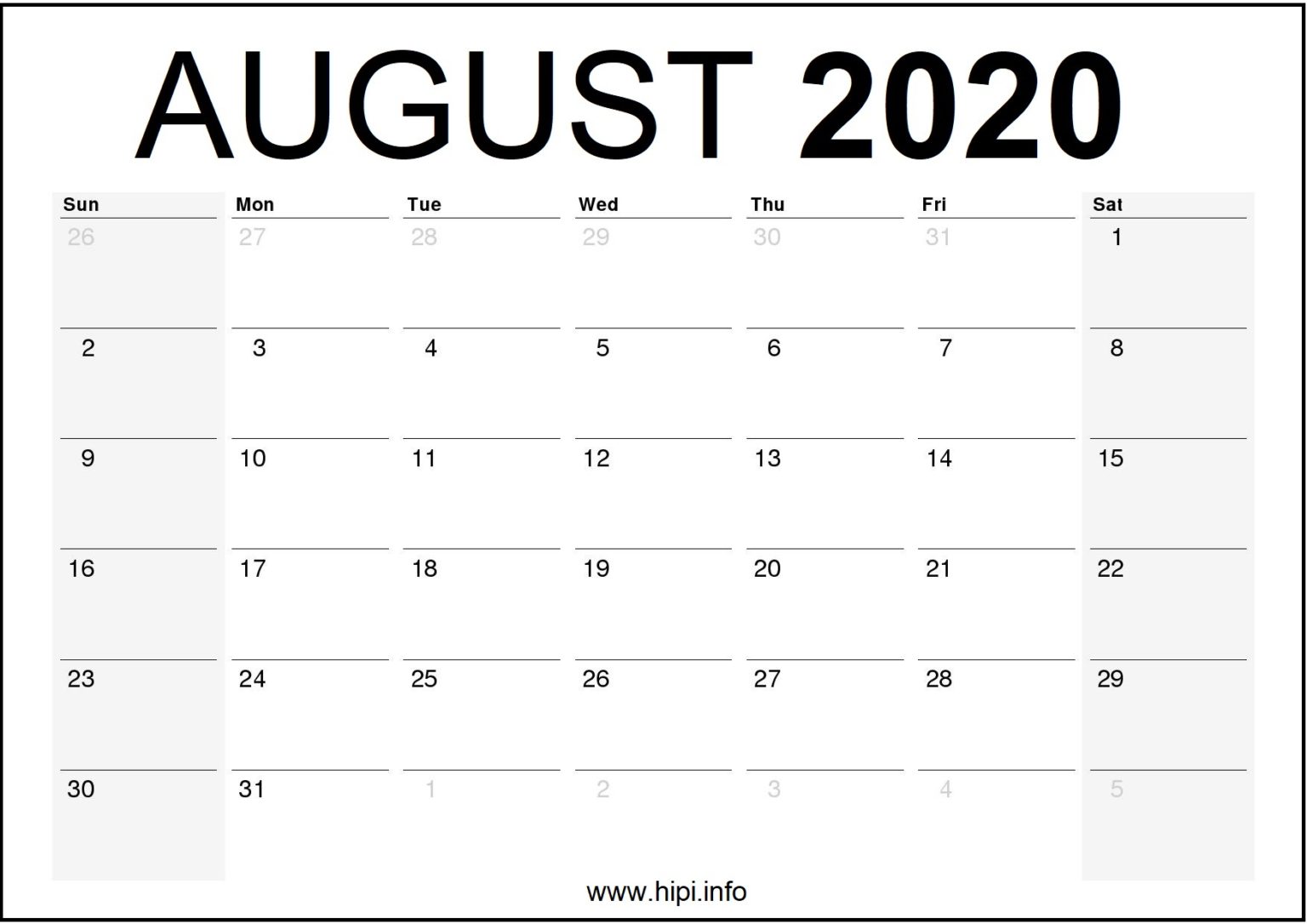August 2020 Calendar Printable Monthly – Free Download - Hipi.info