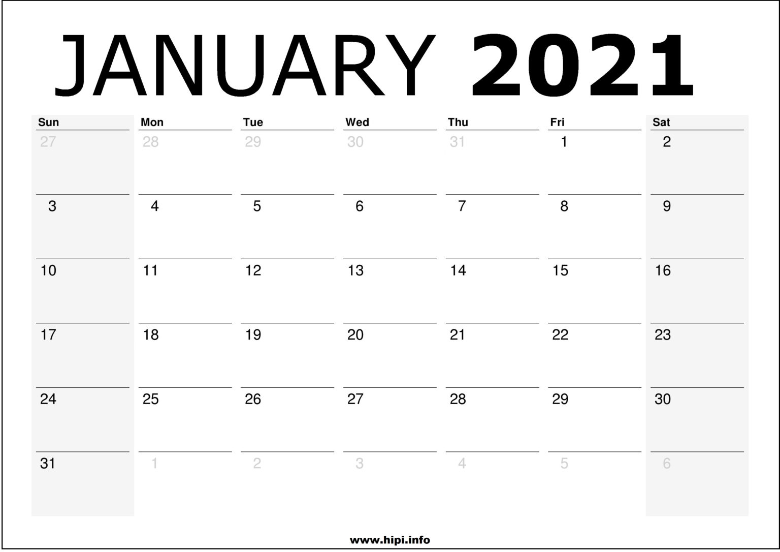 January 2021 Calendar Printable – Monthly Calendar Free Download - Hipi ...