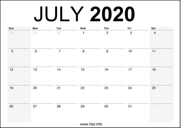 July 2020 Calendar Printable Monthly – Free Download - Hipi.info