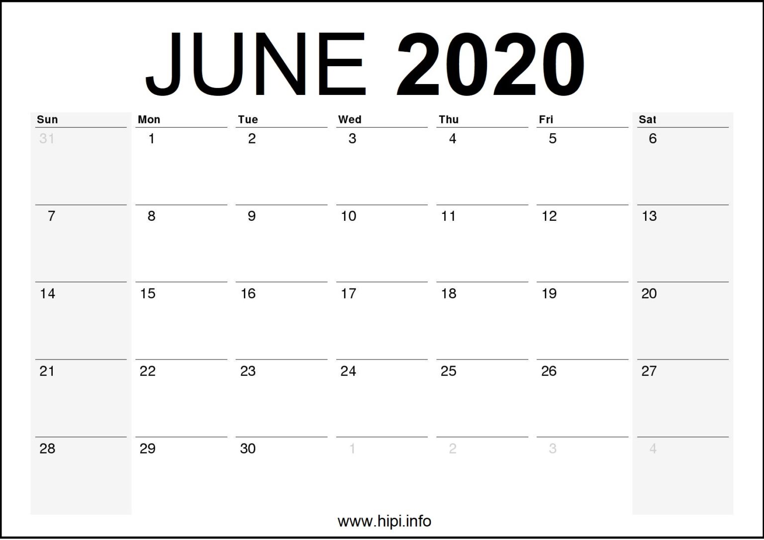 June 2020 Calendar Printable Monthly – Free Download - Hipi.info