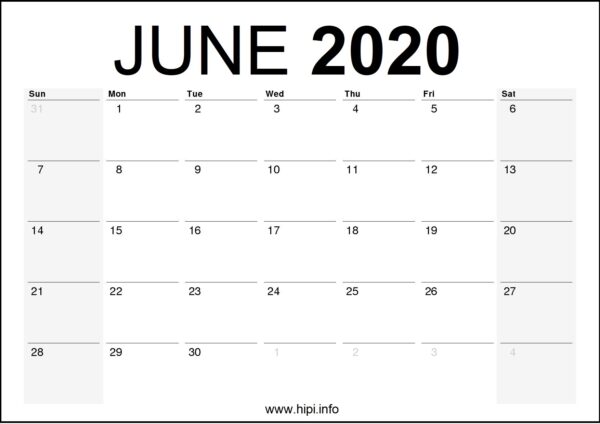 June 2020 Calendar Printable Monthly – Free Download - Hipi.info