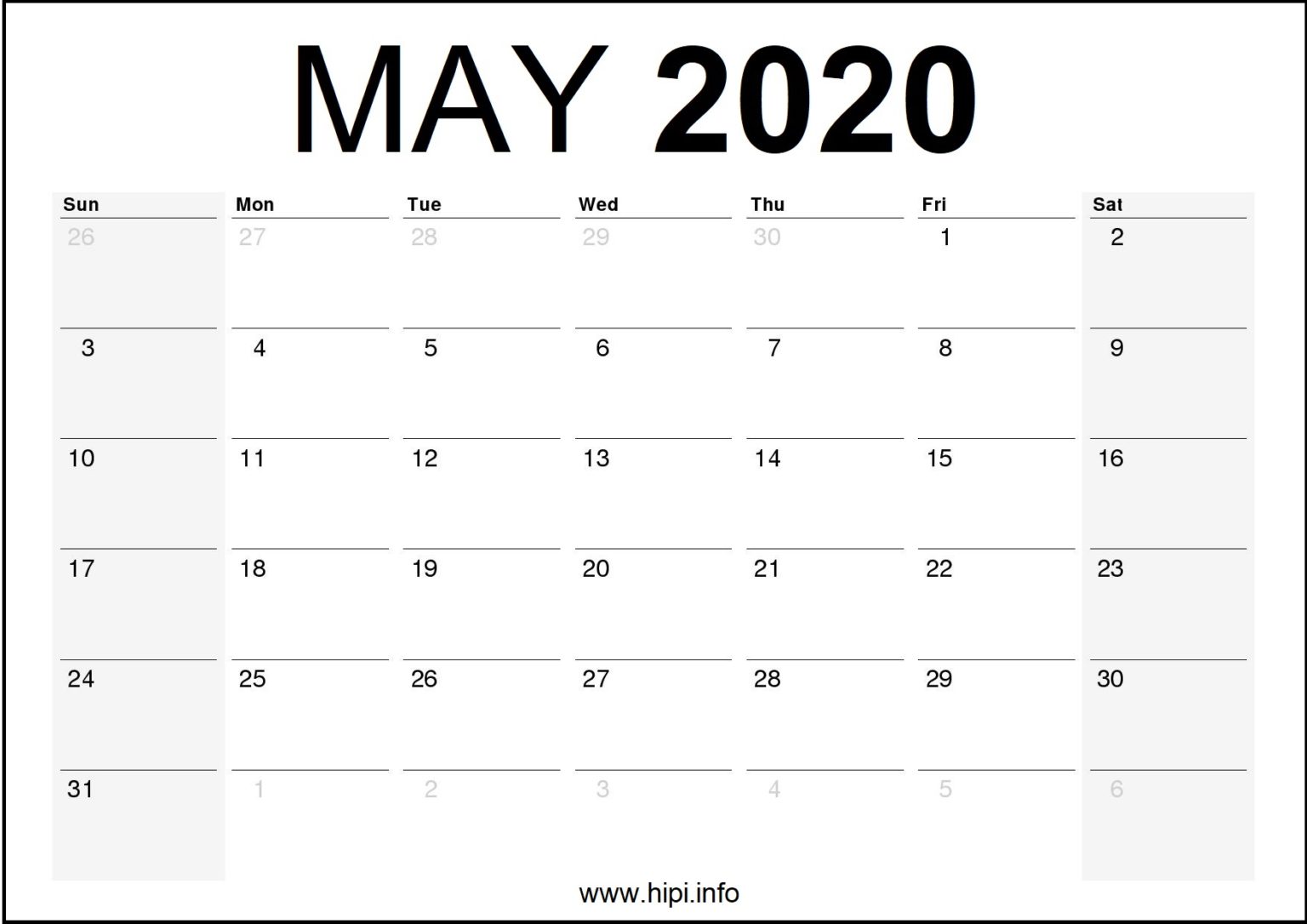 May 2020 Calendar Printable Monthly – Free Download - Hipi.info