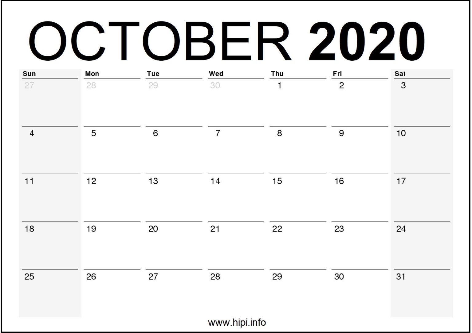 October 2020 Calendar Printable Monthly – Free Download - Hipi.info