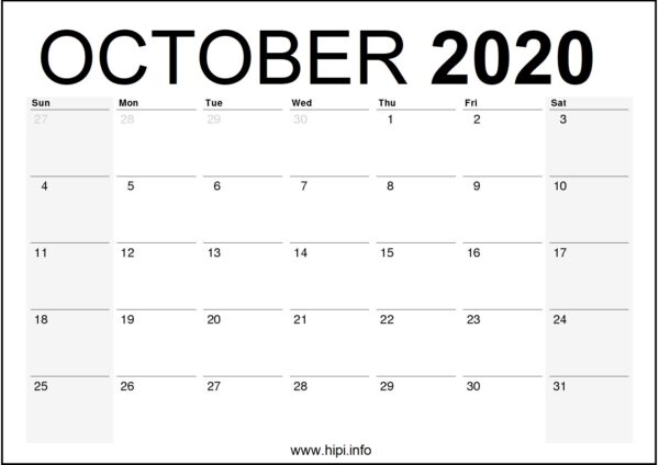 October 2020 Calendar Printable Monthly – Free Download - Hipi.info