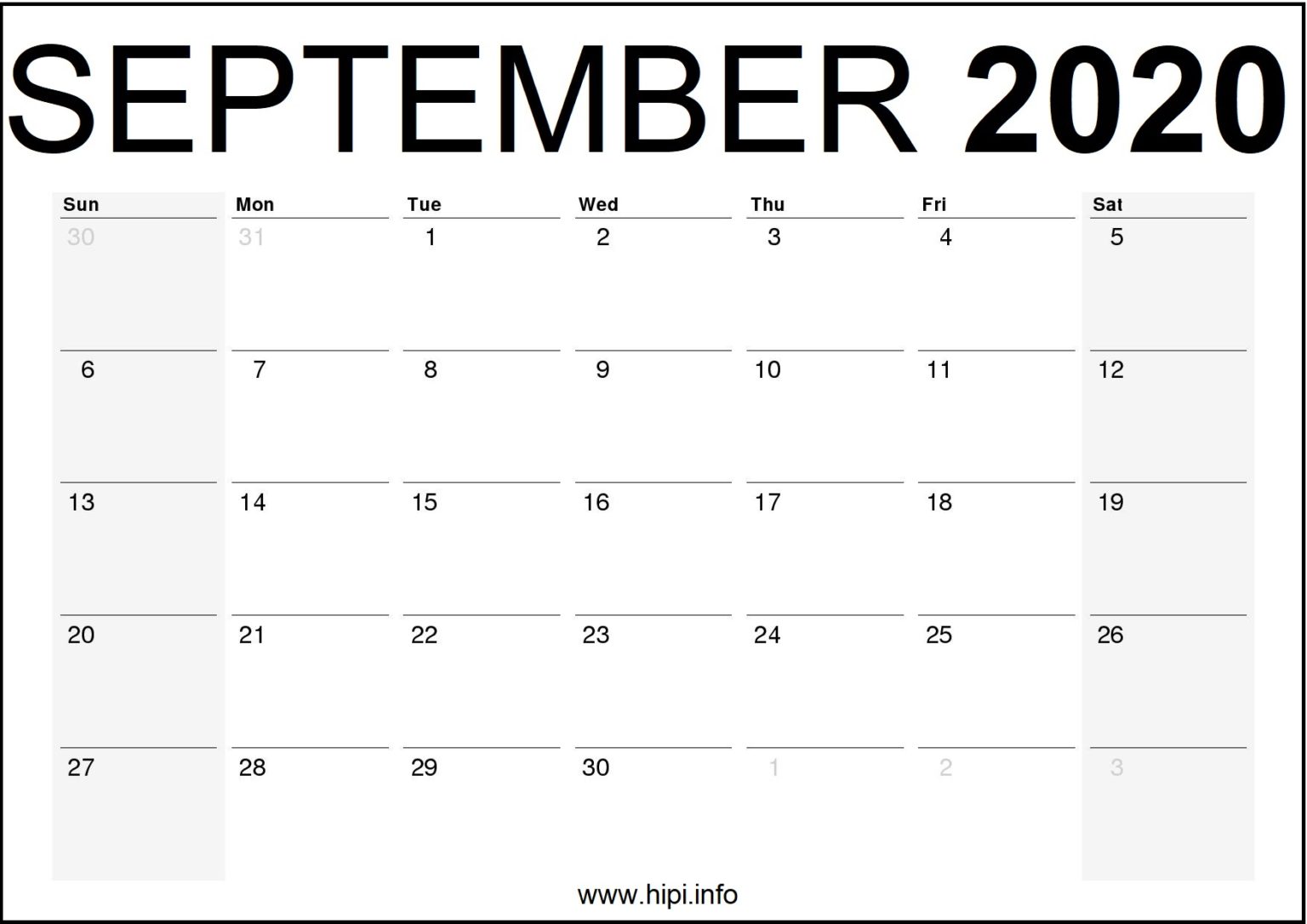 September 2020 Calendar Printable Monthly – Free Download - Hipi.info