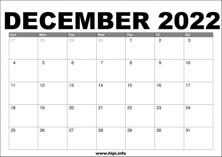 Calendar Template December 2022 Printable Printable World Holiday