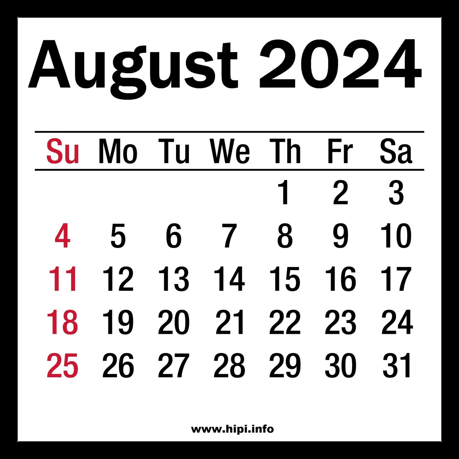 August 2024 Calendar - Hipi.info