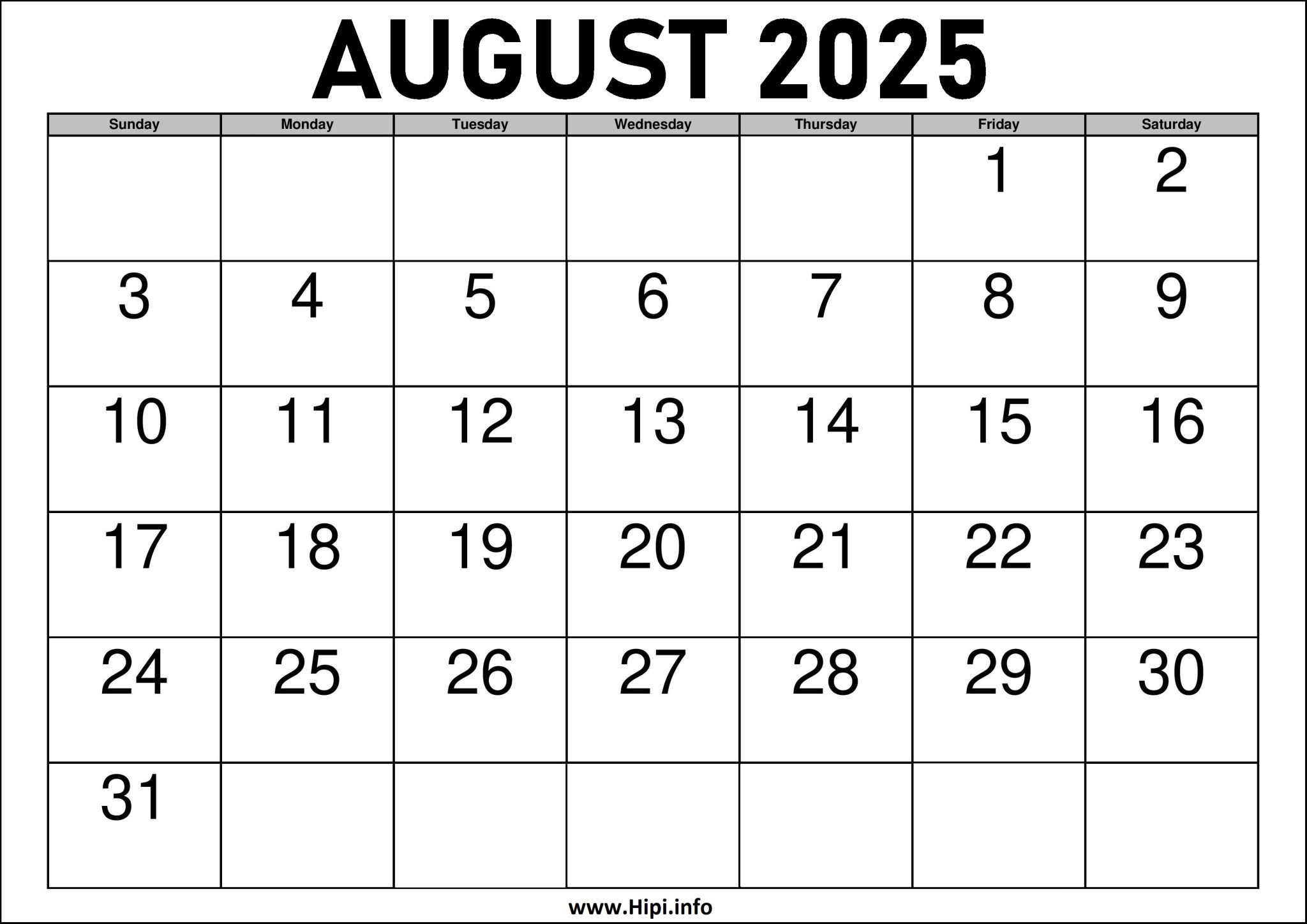 2025 August Calendar Printable with Holidays - Hipi.info