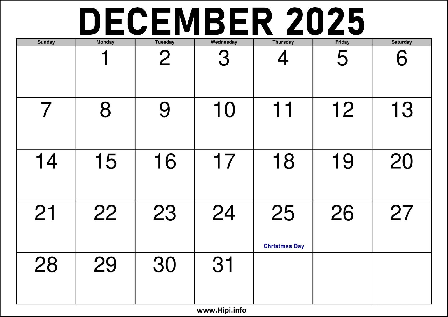 2025 December Calendar Printable with Holidays - Hipi.info