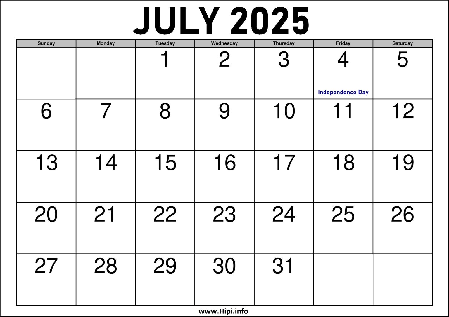 2025 July Calendar Printable with Holidays - Hipi.info