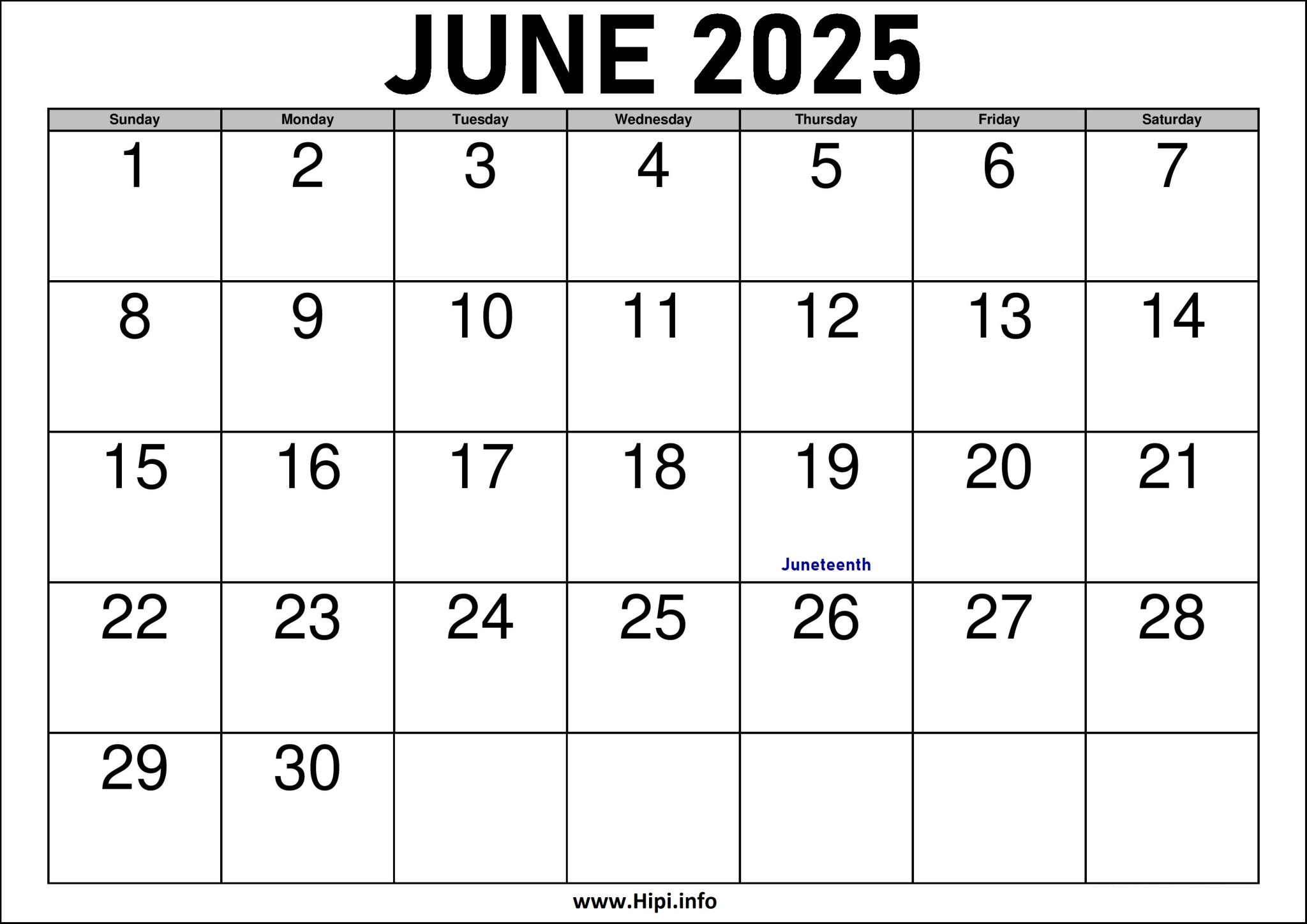 2025 June Calendar Printable with Holidays - Hipi.info