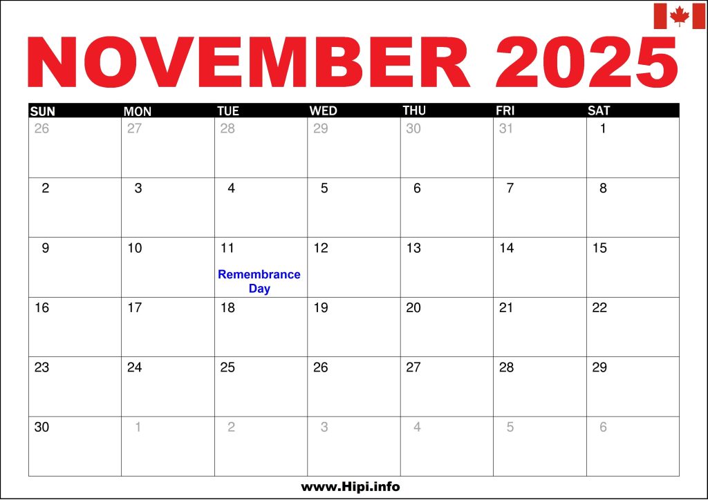November 2025 Canada Calendar with Holidays - Hipi.info