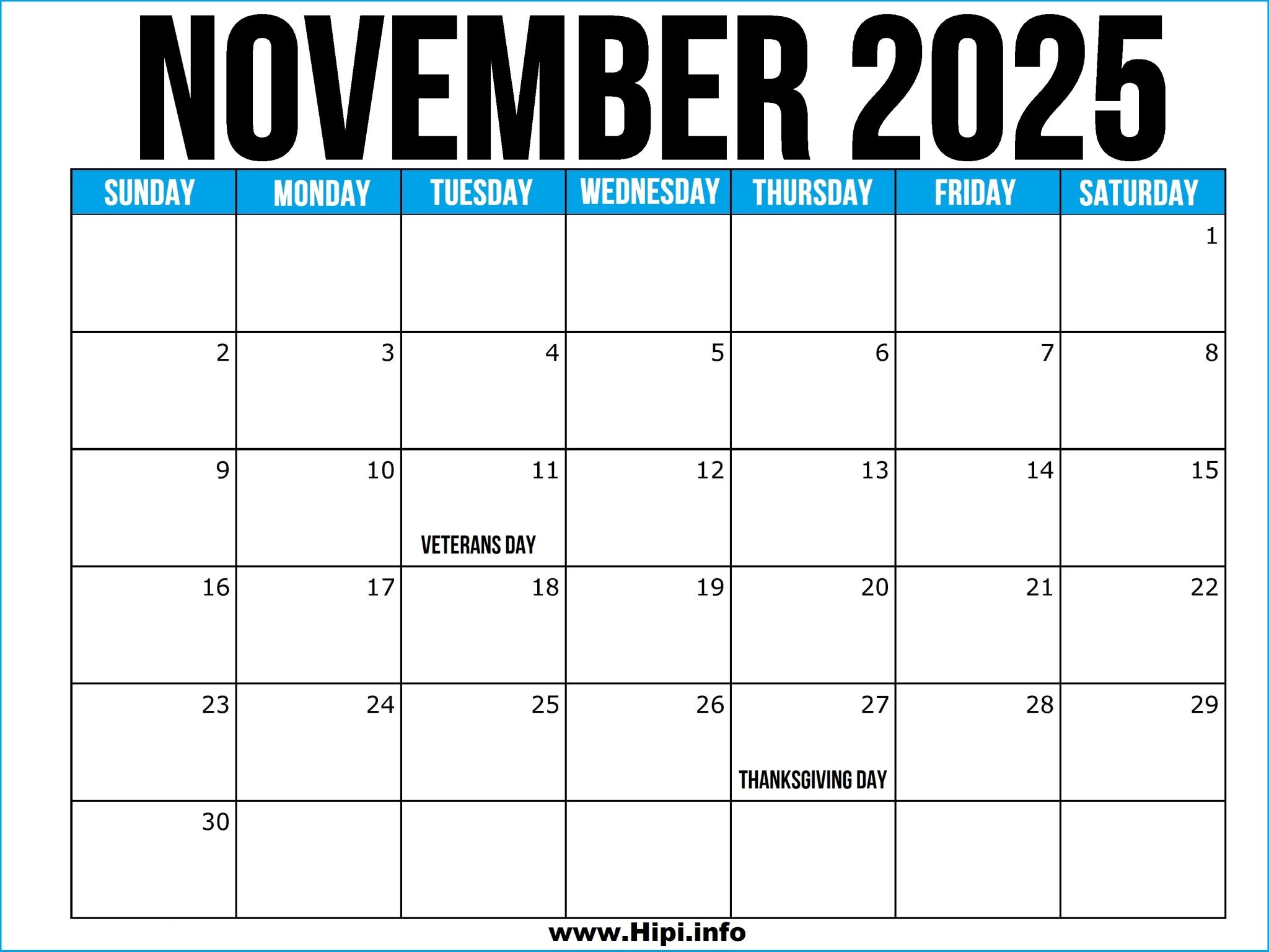 November 2025 Calendar Printable US with Holidays - Hipi.info