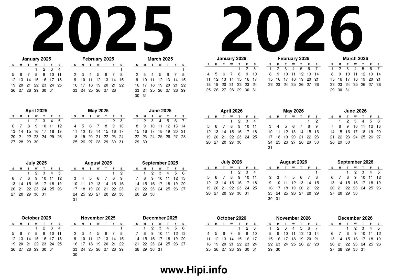 Printable 2025 and 2026 Calendar Two Years - Hipi.info