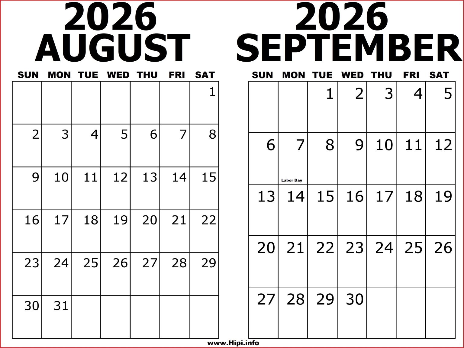 August and September Calendar 2026 with holidays - Hipi.info