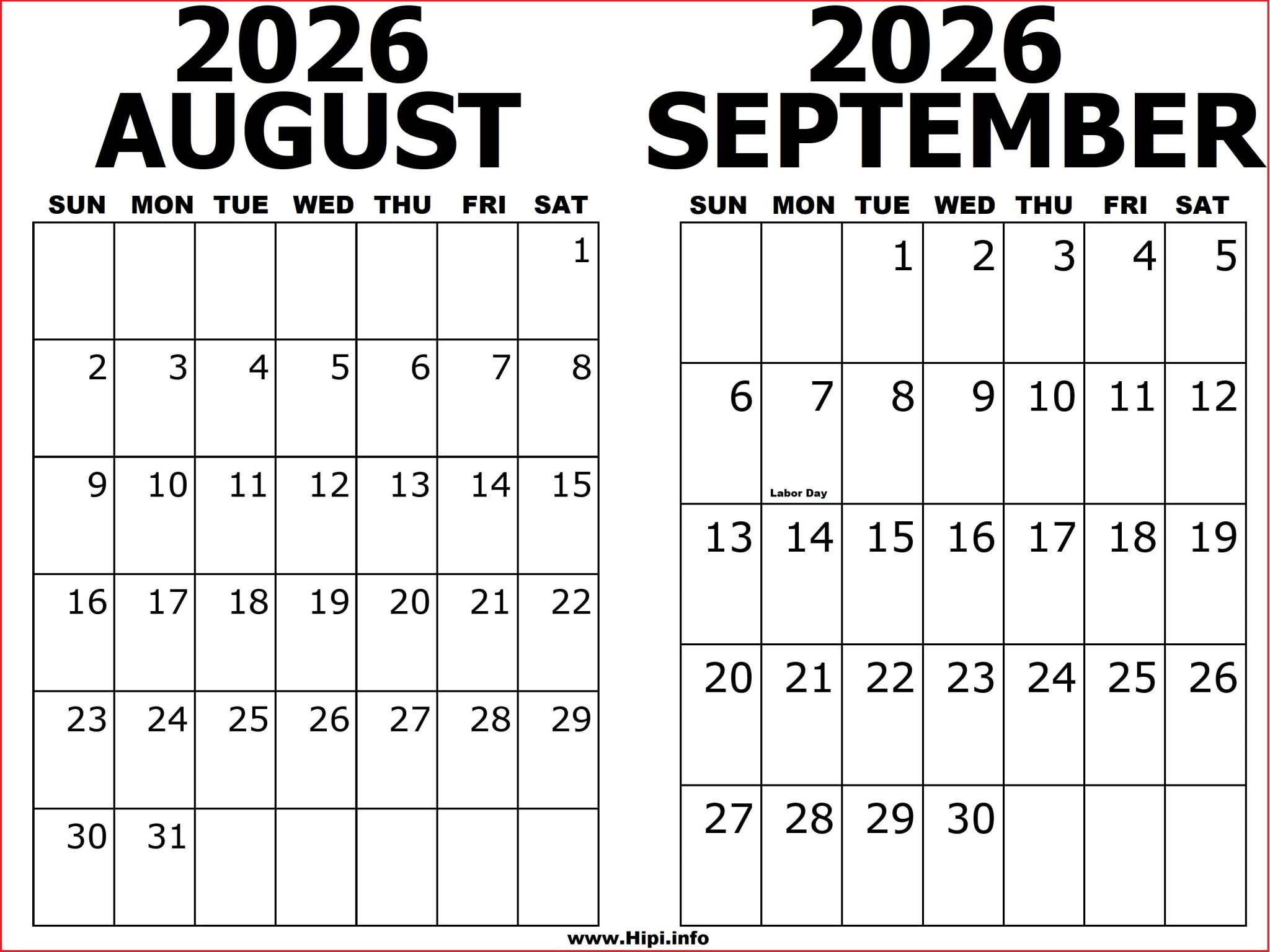 August and September Calendar 2026 with holidays - Hipi.info