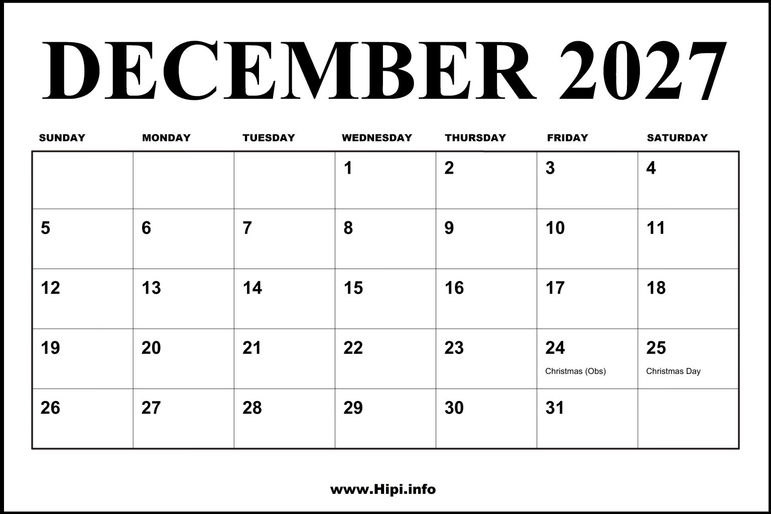 2027 December Calendar with holidays - Hipi.info
