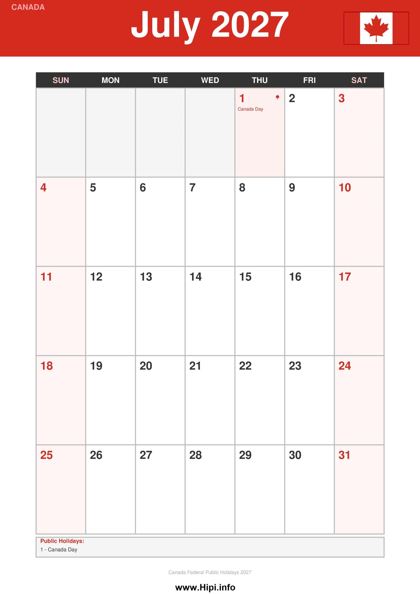 July 2027 Canada Calendar Printable - Hipi.info