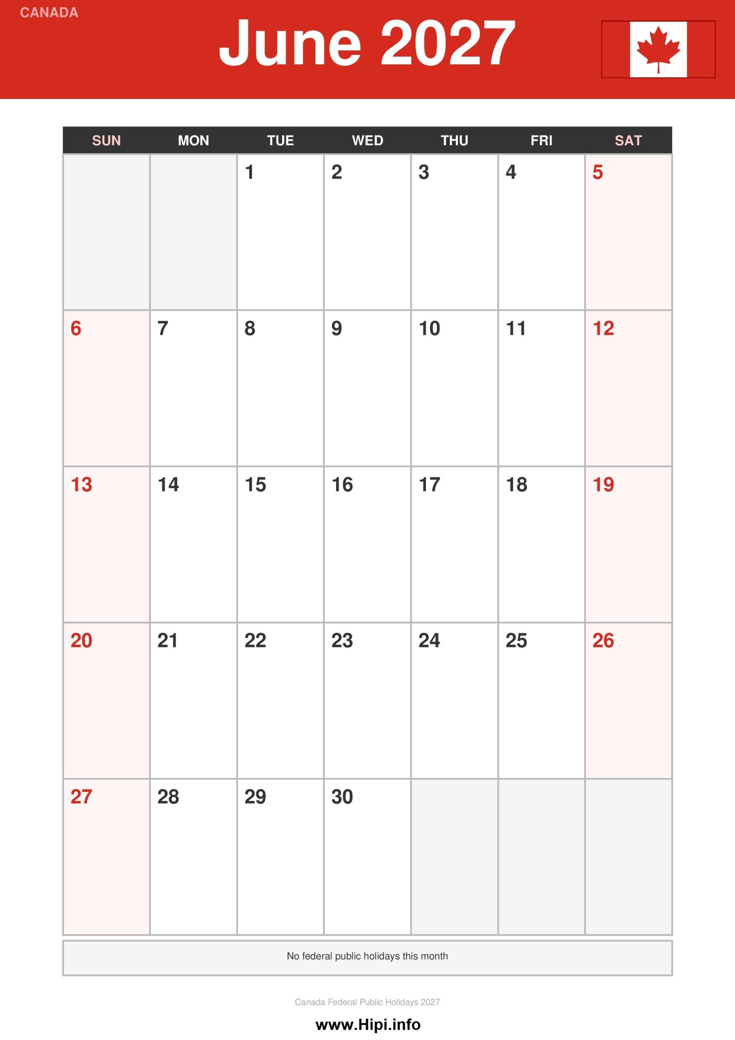 June 2027 Printable Calendar Canada - Hipi.info